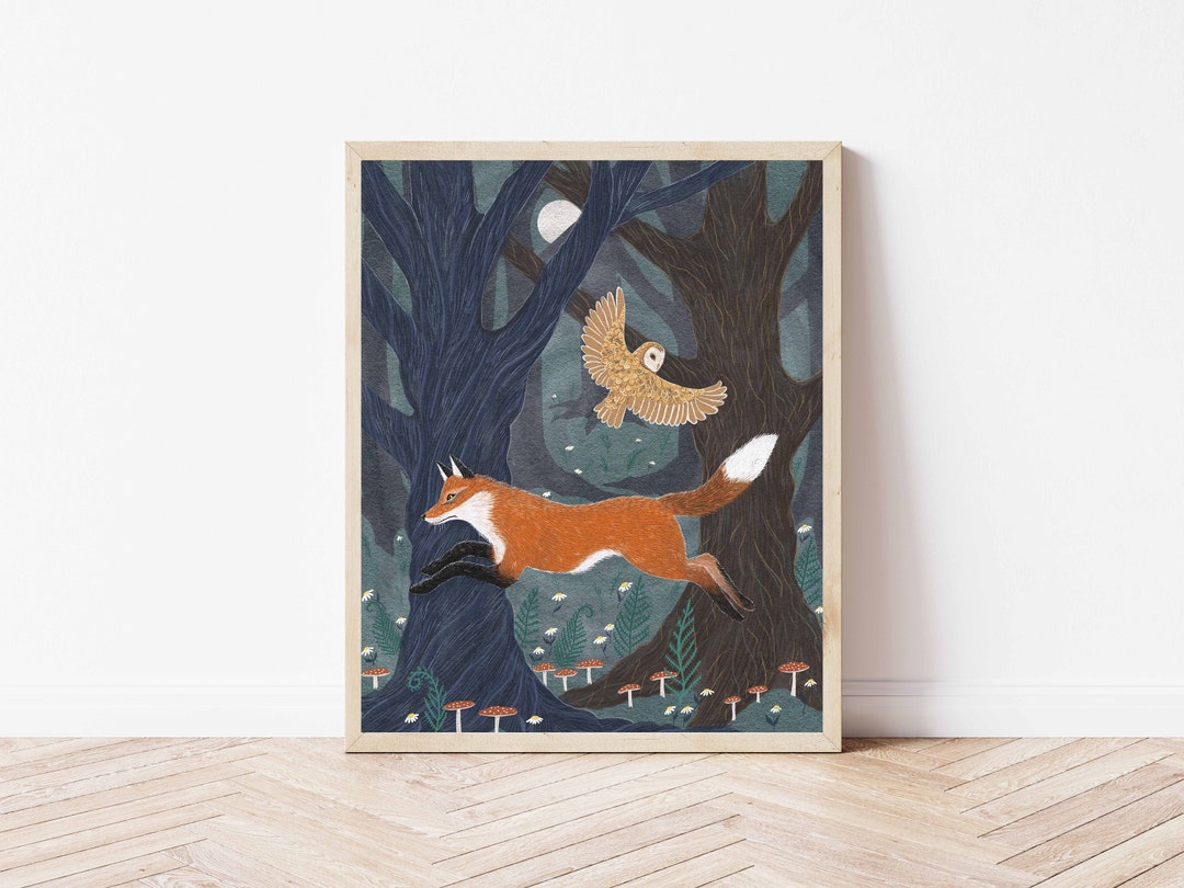 Fox, Fungi, and Flower Forest Nature Print - Red Fox and Barn Owl Wall ...