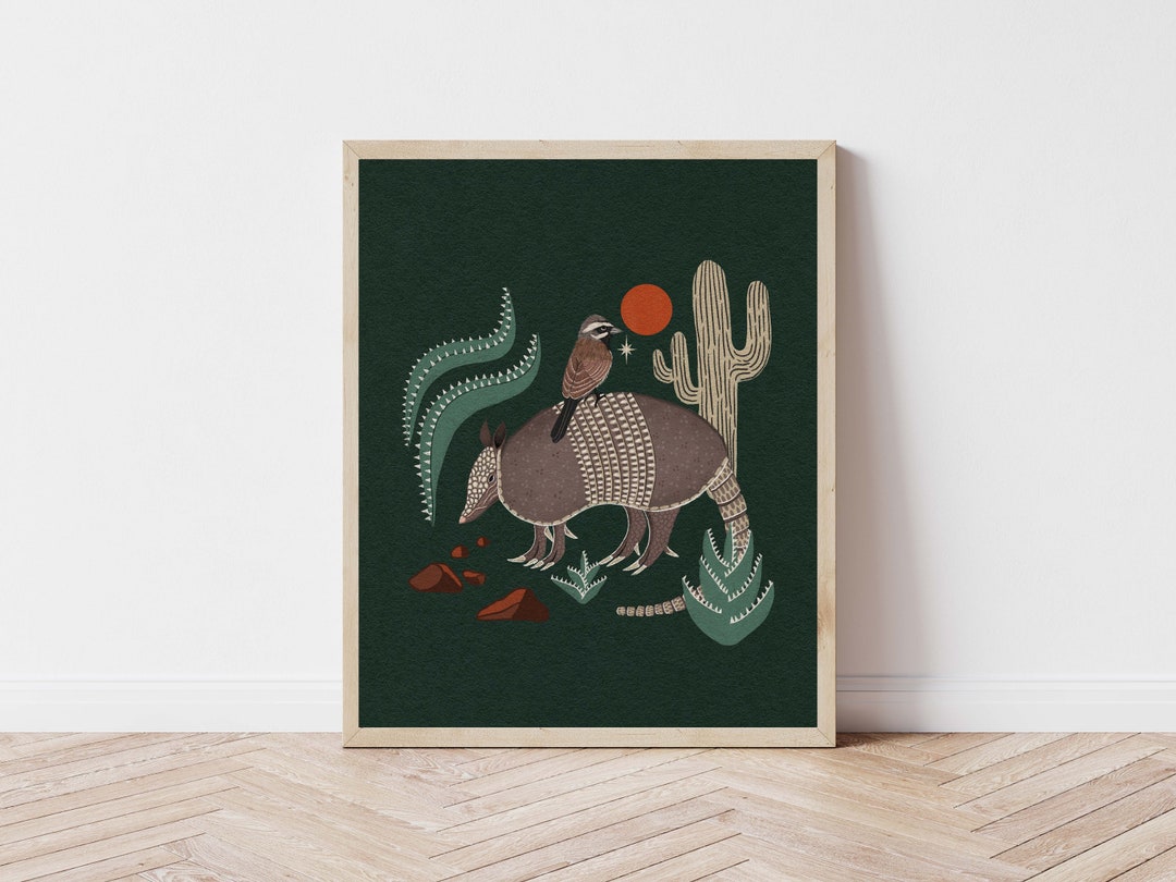 Armadillo, Sparrow, and Cactus Nature Art Print - Saguaro and Desert ...