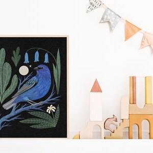Indigo Bunting and Moon Folk Art Nature Print - Boho Bird Wall Décor ...
