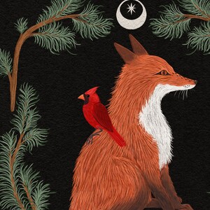 Fox, Cardinal, and Pine Folk Art Nature Print - Red Fox and Botanicals ...