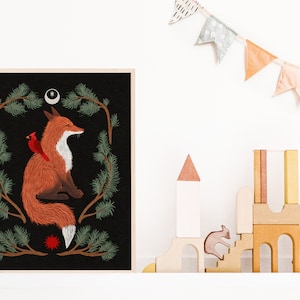 Fox, Cardinal, and Pine Folk Art Nature Print - Red Fox and Botanicals ...