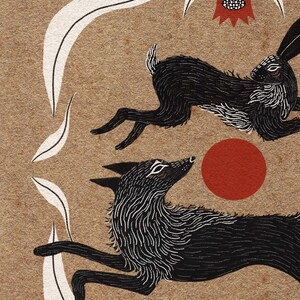Wolf Chasing Rabbit and Blood Moon Folk Art Nature Print - Cottagecore ...