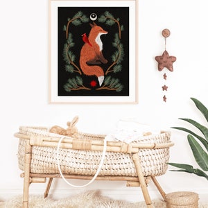 Fox, Cardinal, and Pine Folk Art Nature Print - Red Fox and Botanicals ...