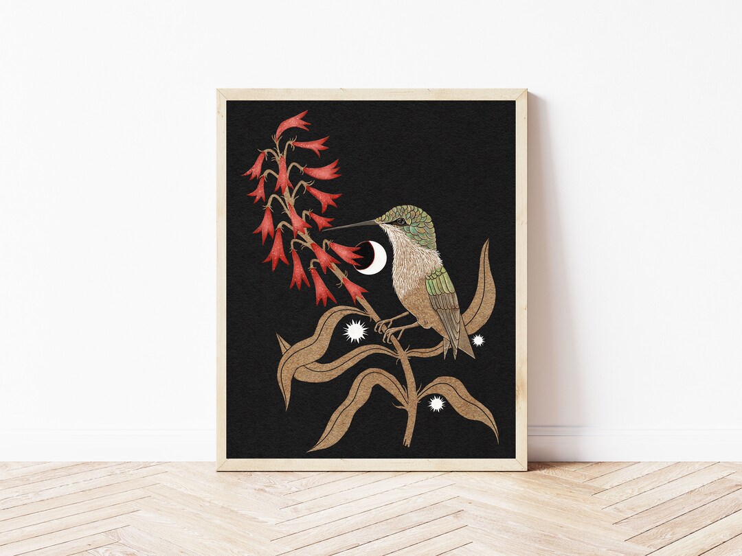 Hummingbird and Flower Folk Art Print - Bird and Floral Garden Wall ...