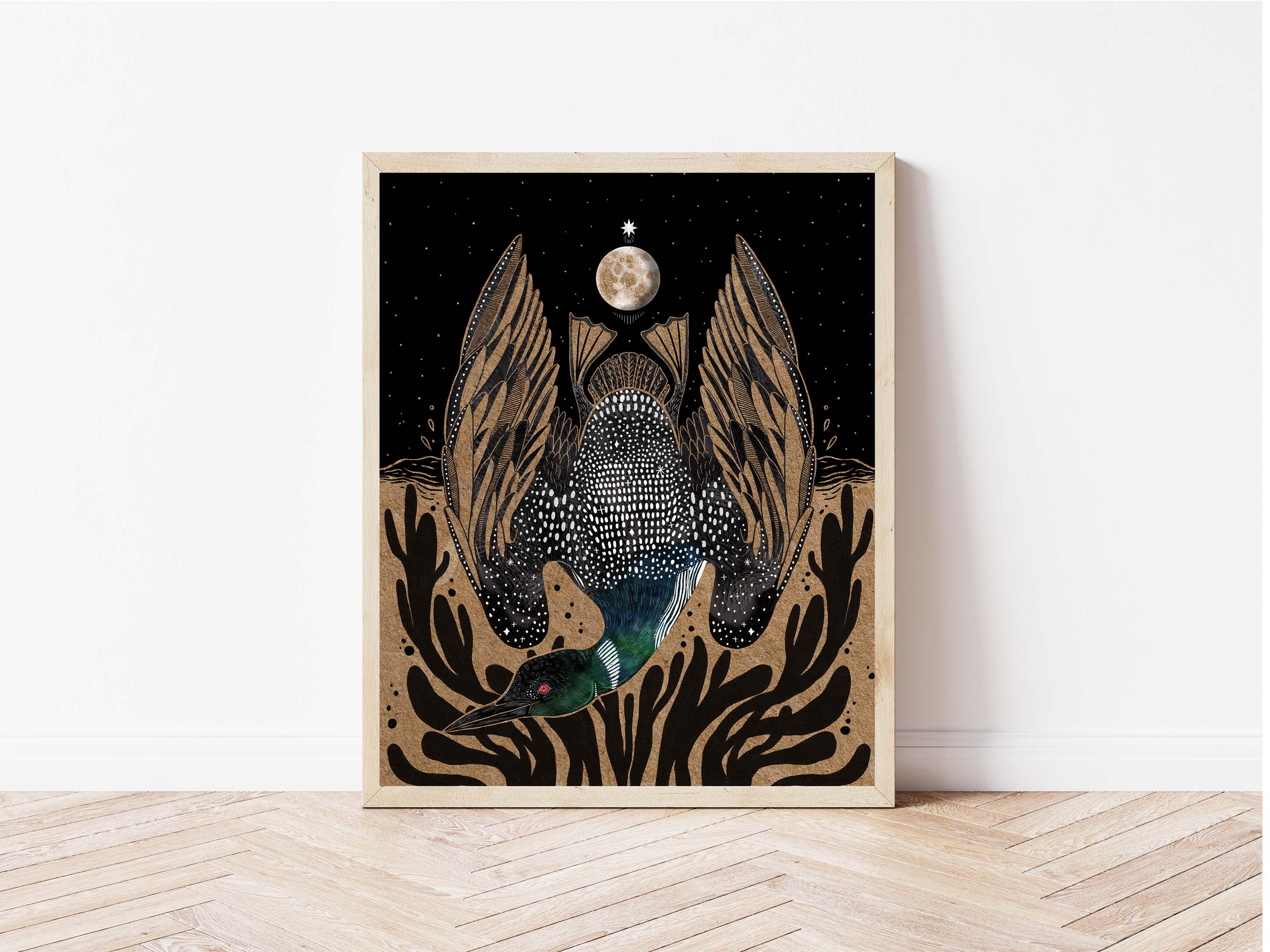 Loon and Full Moon Folk Art Nature Print - Whimsical Bird Art - Common ...