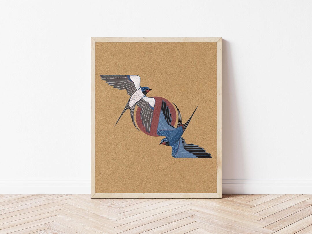 Swooping Swallows and Sun Art Print Barn Swallow Birds and Sunset ...