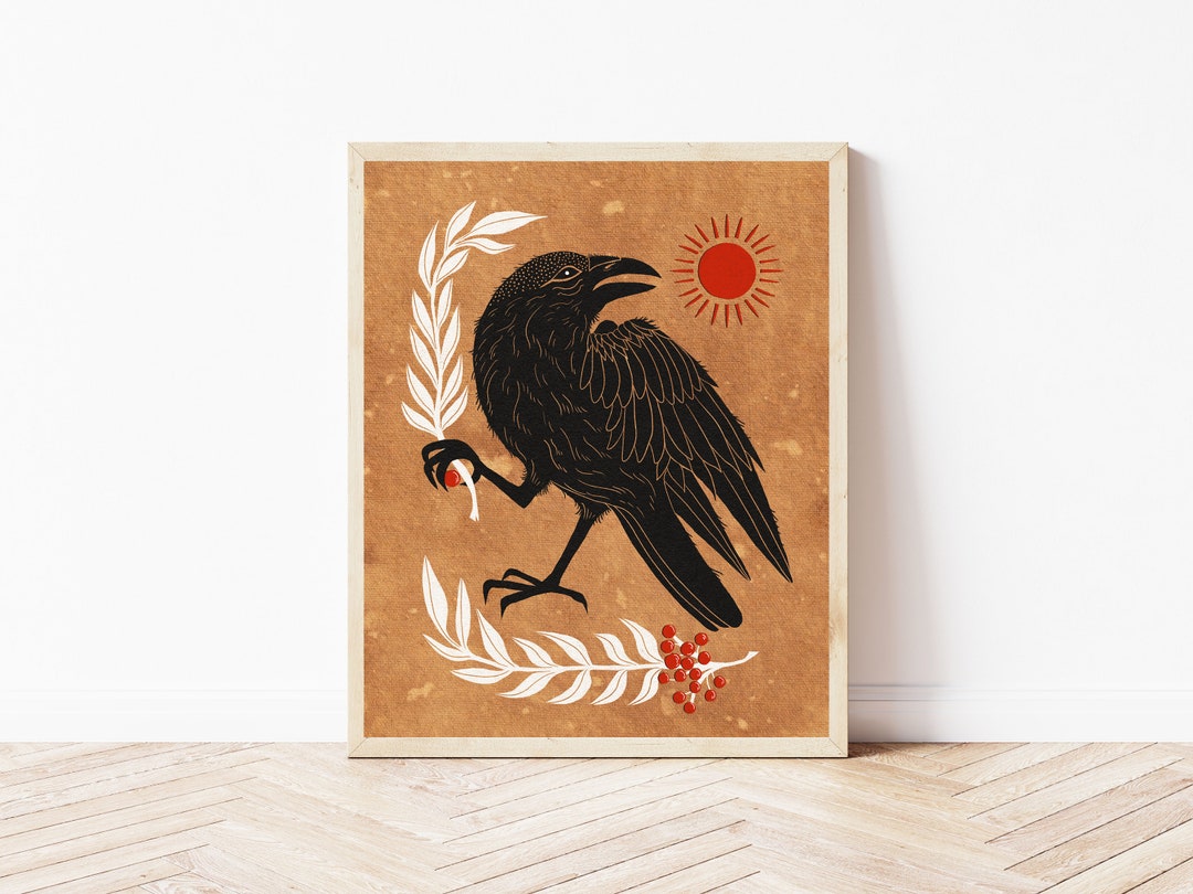 Folk Art Raven and Rowan Berry Nature Print - Bird Print - Witchy ...