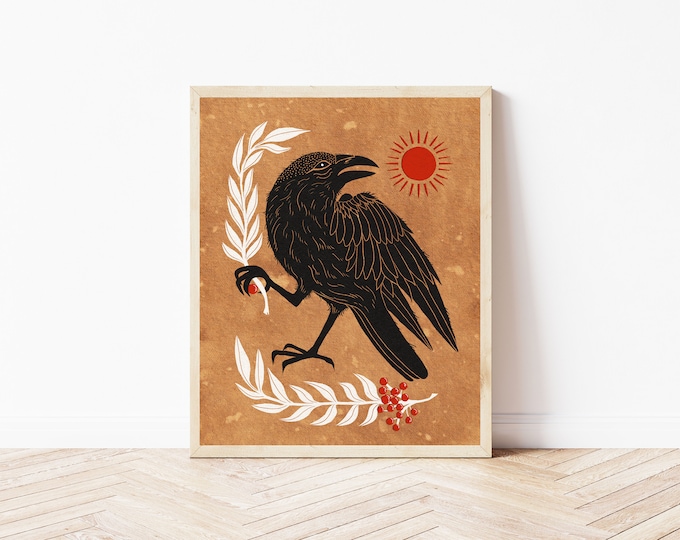 Folk Art Raven and Rowan Berry Nature Print - Bird Print - Witchy ...