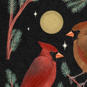 Cardinals and Pine Folk Art Nature Print - Colorful Birds and Moon ...
