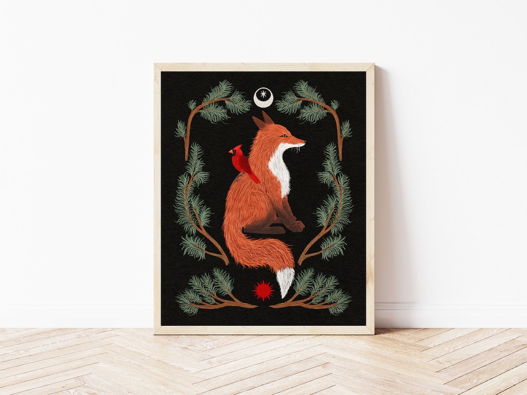 Fox, Cardinal, and Pine Folk Art Nature Print - Red Fox and Botanicals ...