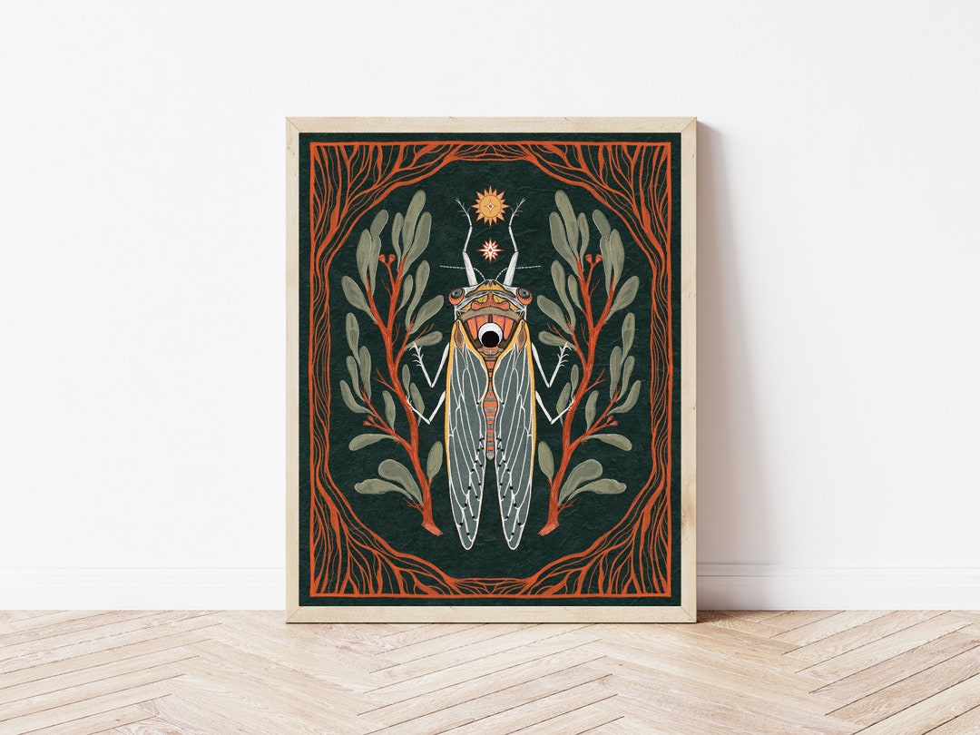 Cicada, Sun, and Oak Folk Art Nature Print - Cottagecore Bug Wall Décor ...