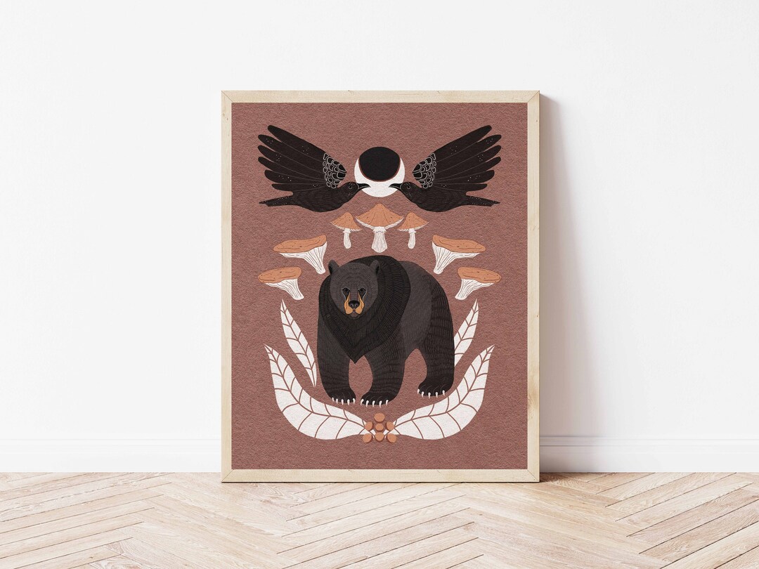 Bear, Crows, and Mushroom Botanical Art Print Nature Lover's Crescent ...