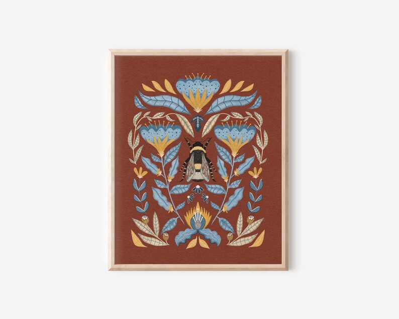 Folk Art Bumblebee and Flowers Art Print - Autumn Colors Bee Wall Décor ...