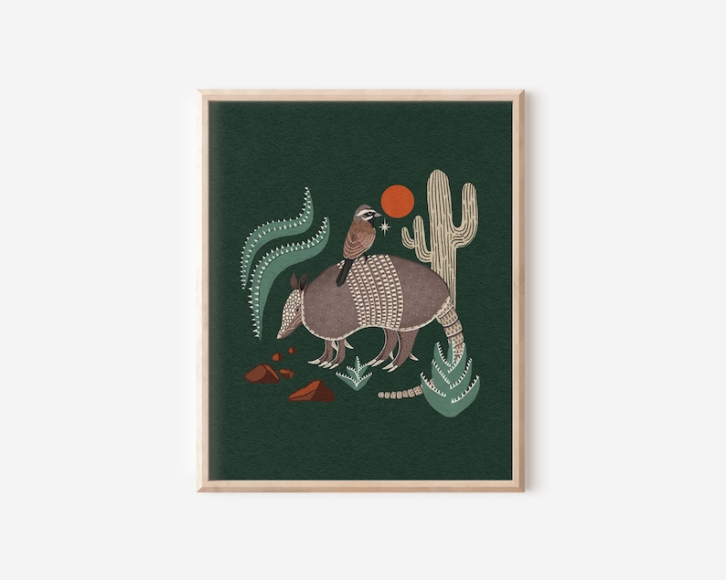 Armadillo, Sparrow, and Cactus Nature Art Print - Saguaro and Desert ...