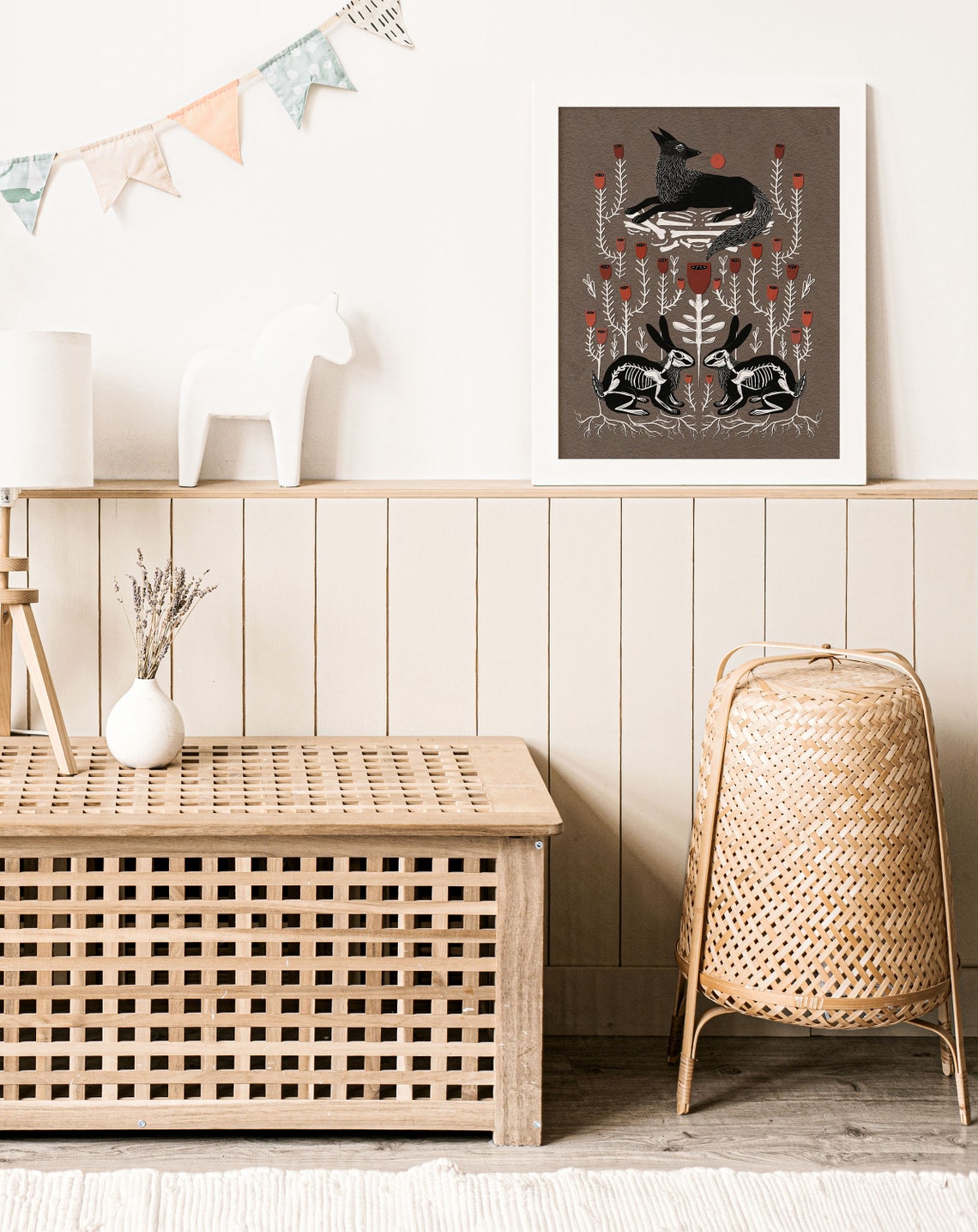 Folk Art Wolf and Rabbits - Dark Cottagecore Animal Wall Décor ...