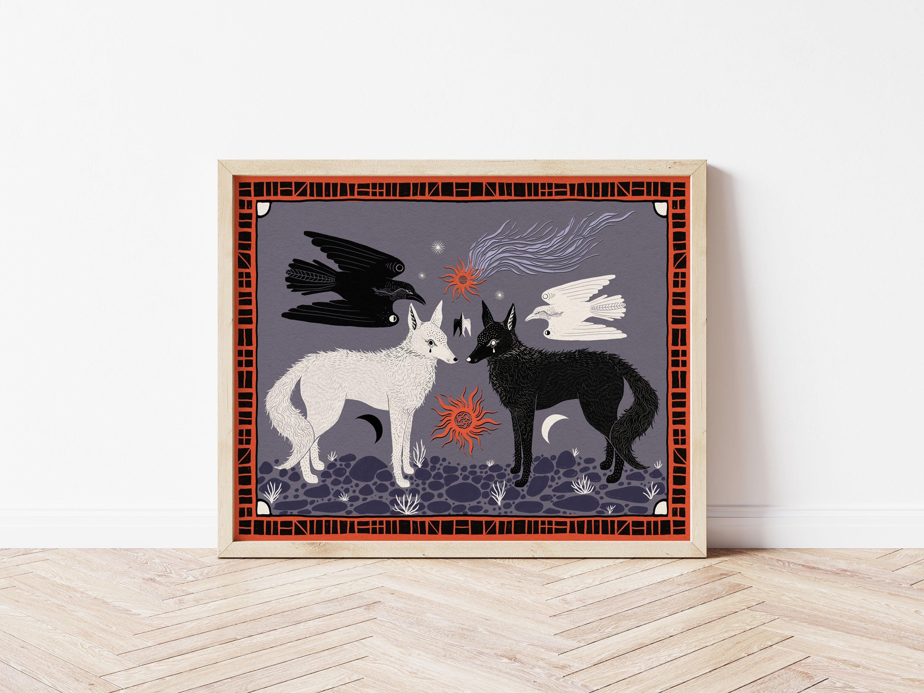 Wolves and Crows Folk Art Nature Print - Coyote Desert Illustration ...