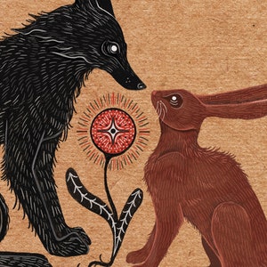 Wolf and Hare Folk Art Nature Print - Cottagecore Botanical Wall Décor ...