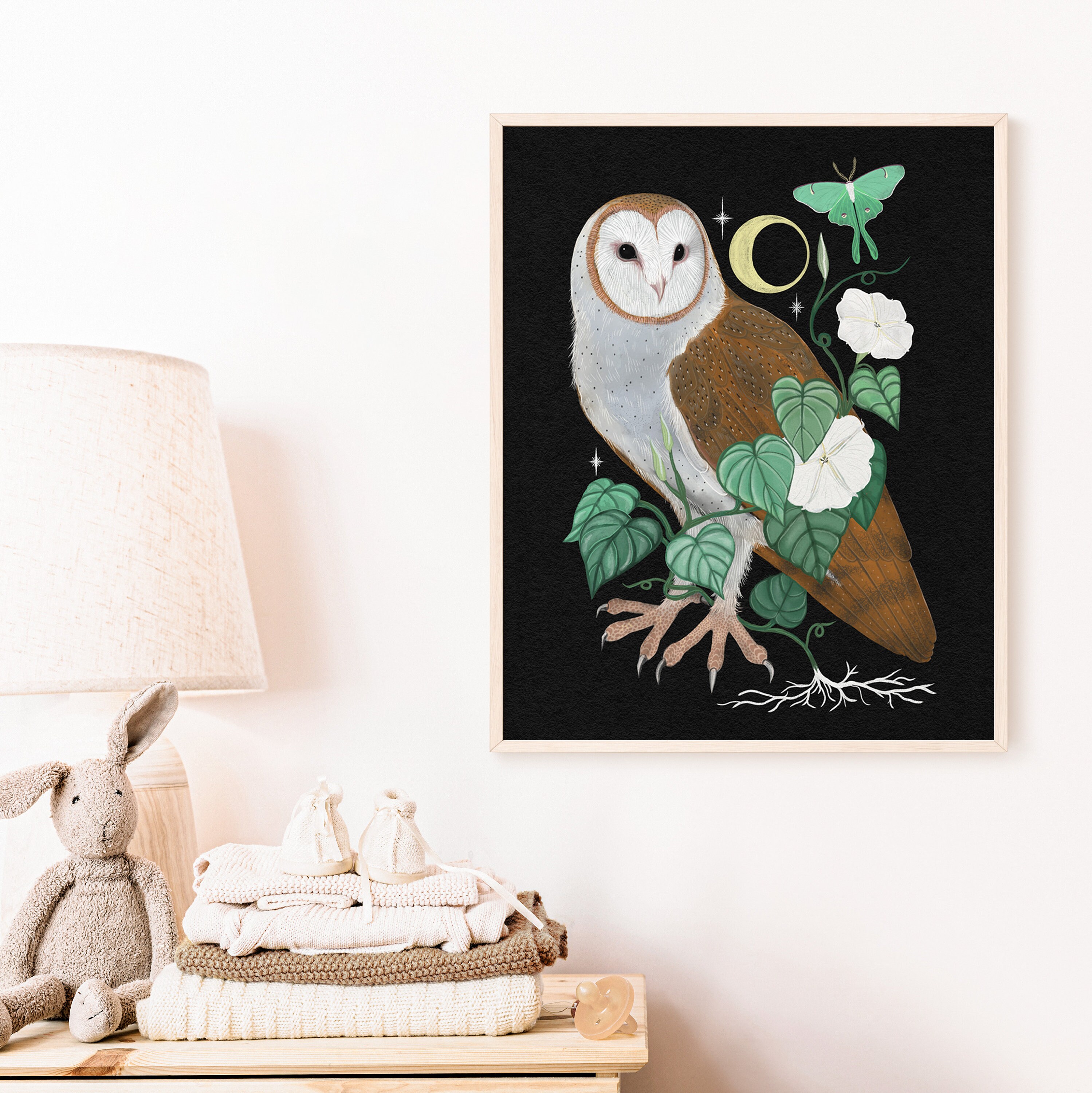 Barn Owl, Luna Moth, and Moonflower Botanical Art Print - Bird Folk Art ...