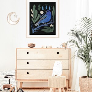 Indigo Bunting and Moon Folk Art Nature Print - Boho Bird Wall Décor ...