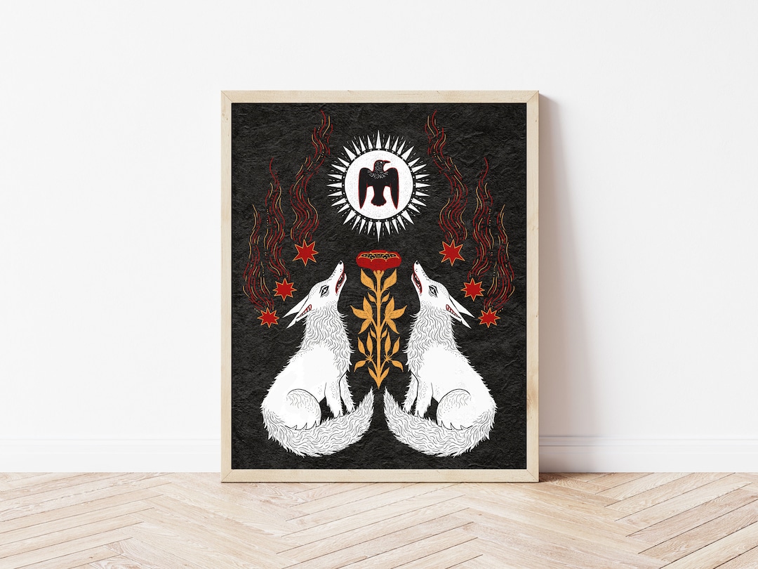 Twin Wolves and Raven Folk Art Nature Print - Goblincore Wall Décor ...