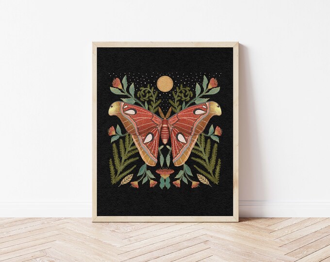Night Moon and Atlas Moth Botanical Illustration Fall Moth and Floral ...