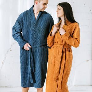 Men's Linen Waffle Robe With Pockets, Unisex Linen Waffle Bath Robe ...