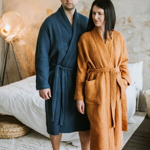 Unisex Linen Waffle Robe With Pockets and Belt, Women's Linen Waffle ...