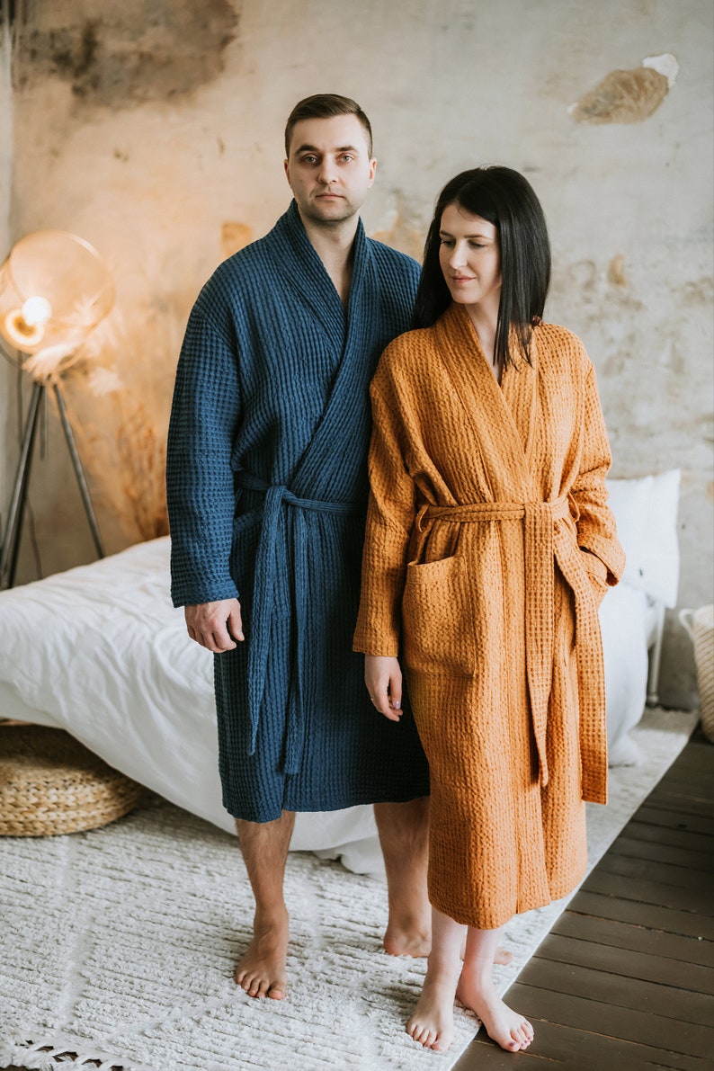 Men's Linen Waffle Robe With Pockets, Unisex Linen Waffle Bath Robe ...