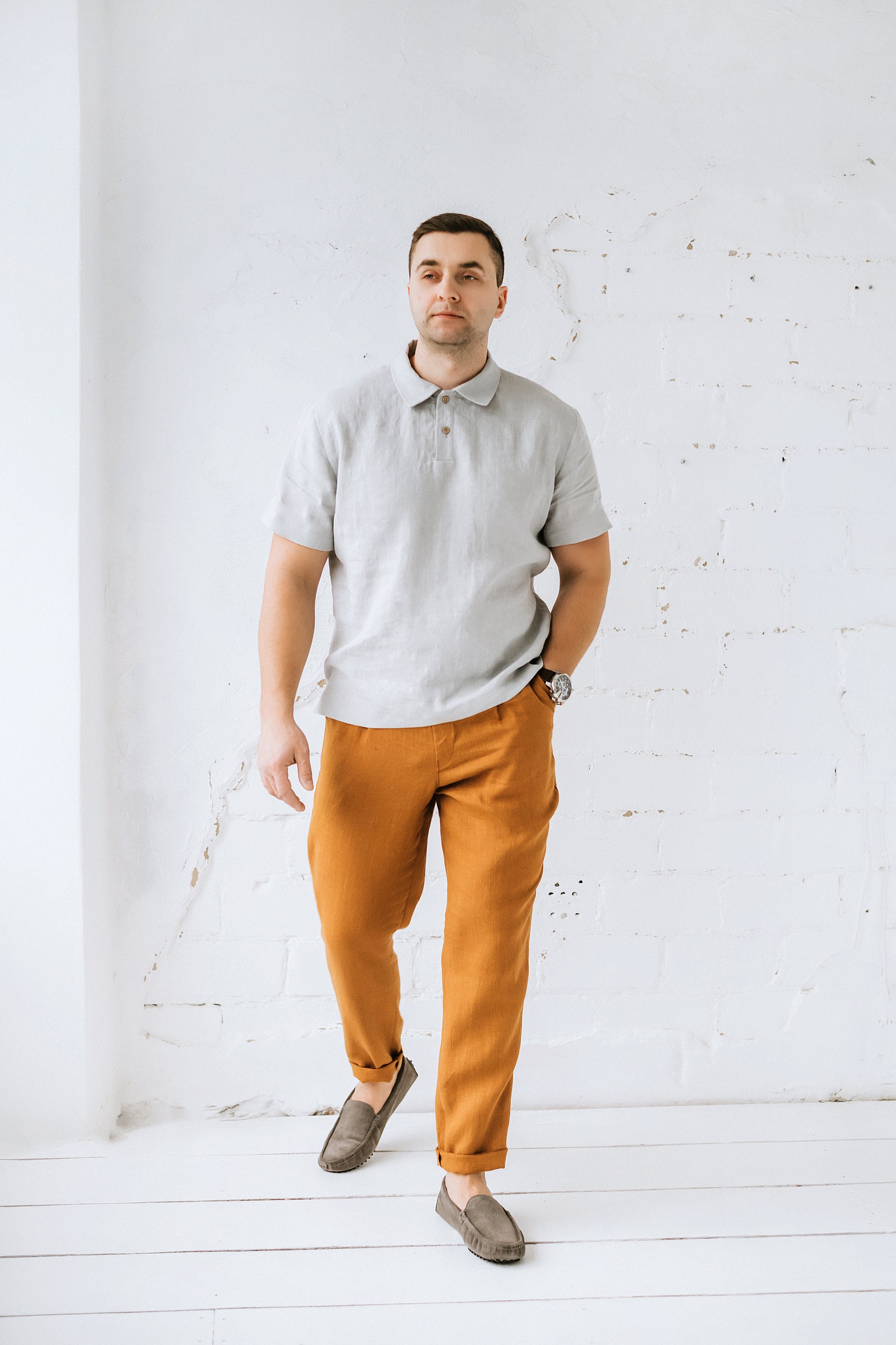 Men's Linen Polo Shirt With Short Sleeves, Light Grey Soft Washed Linen ...