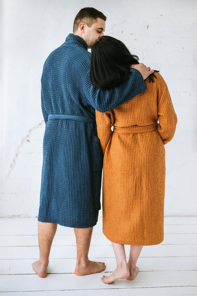 Unisex Linen Waffle Robe With Pockets and Belt, Women's Linen Waffle ...