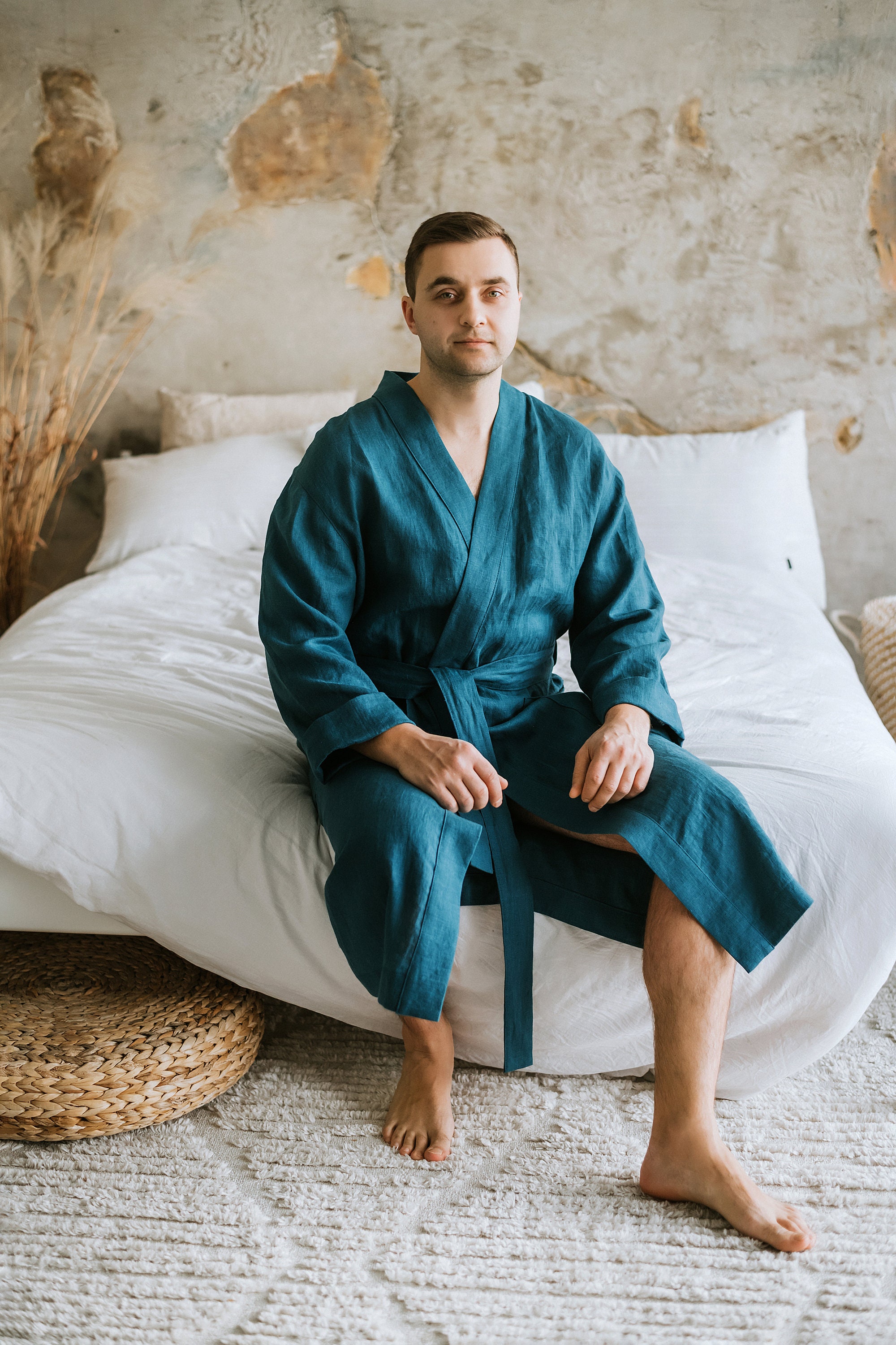 Men's Linen Bathrobe With Belt, Washed Soft Vidirian Blue Linen Robe ...