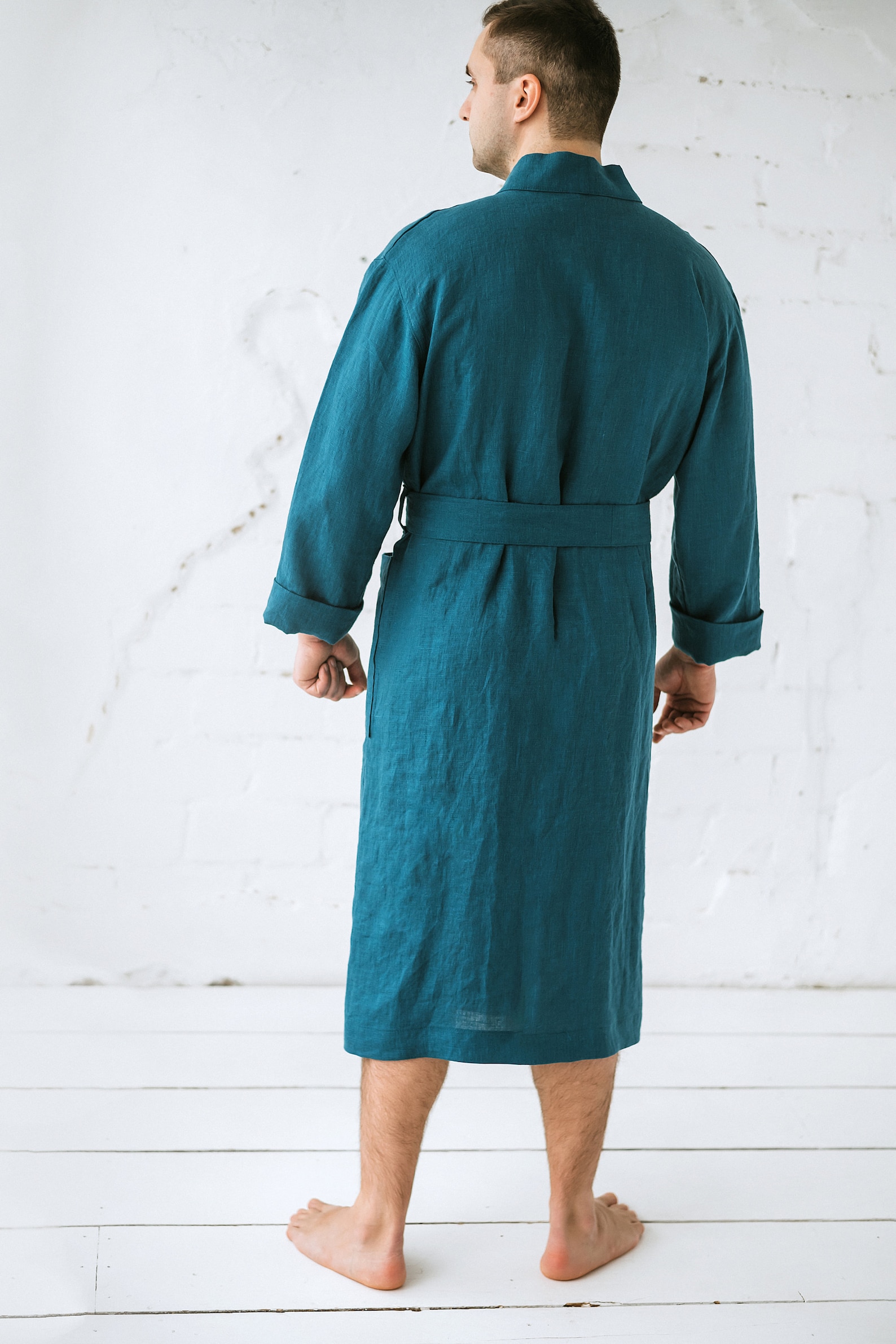 Men's Linen Bathrobe With Belt, Washed Soft Vidirian Blue Linen Robe ...