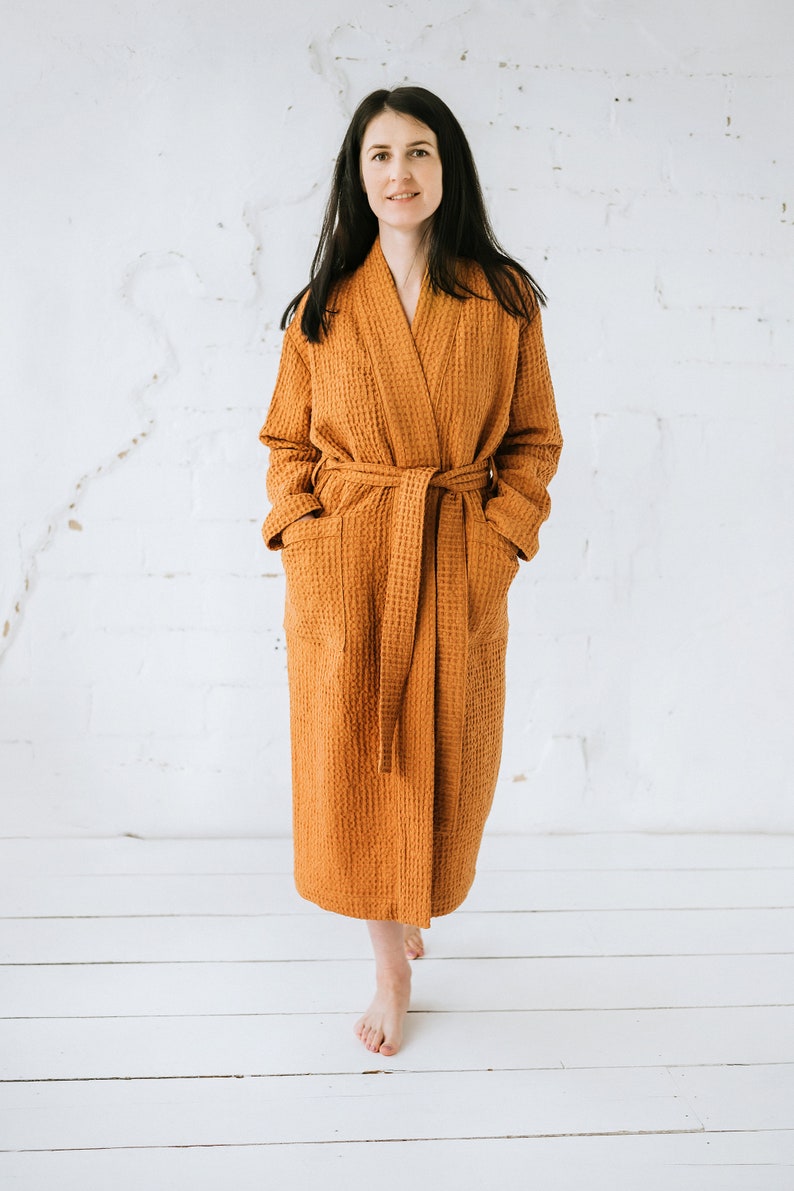 Unisex Linen Waffle Robe With Pockets and Belt, Women's Linen Waffle ...