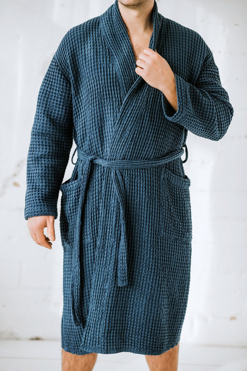 Men's Linen Waffle Robe With Pockets, Unisex Linen Waffle Bath Robe ...