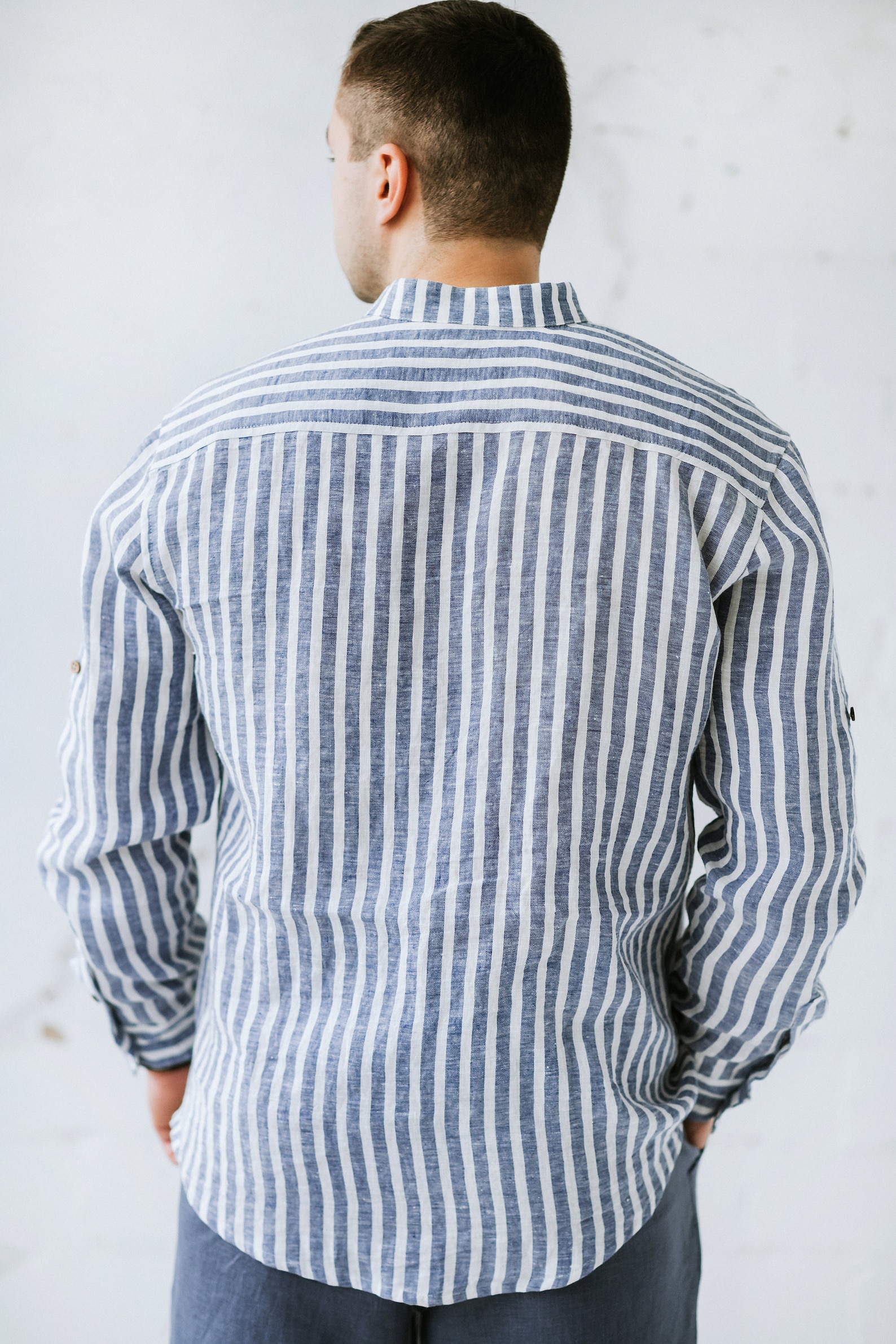 Men's Linen Striped Shirt With Long Sleeves and Band Collar, Summer ...