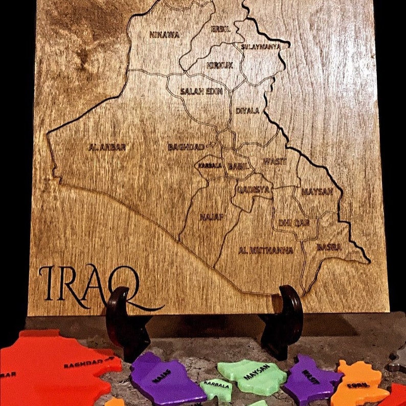Iraq Map Puzzle With Cities, 3d Printed Cities and Engraved Wooden Map ...
