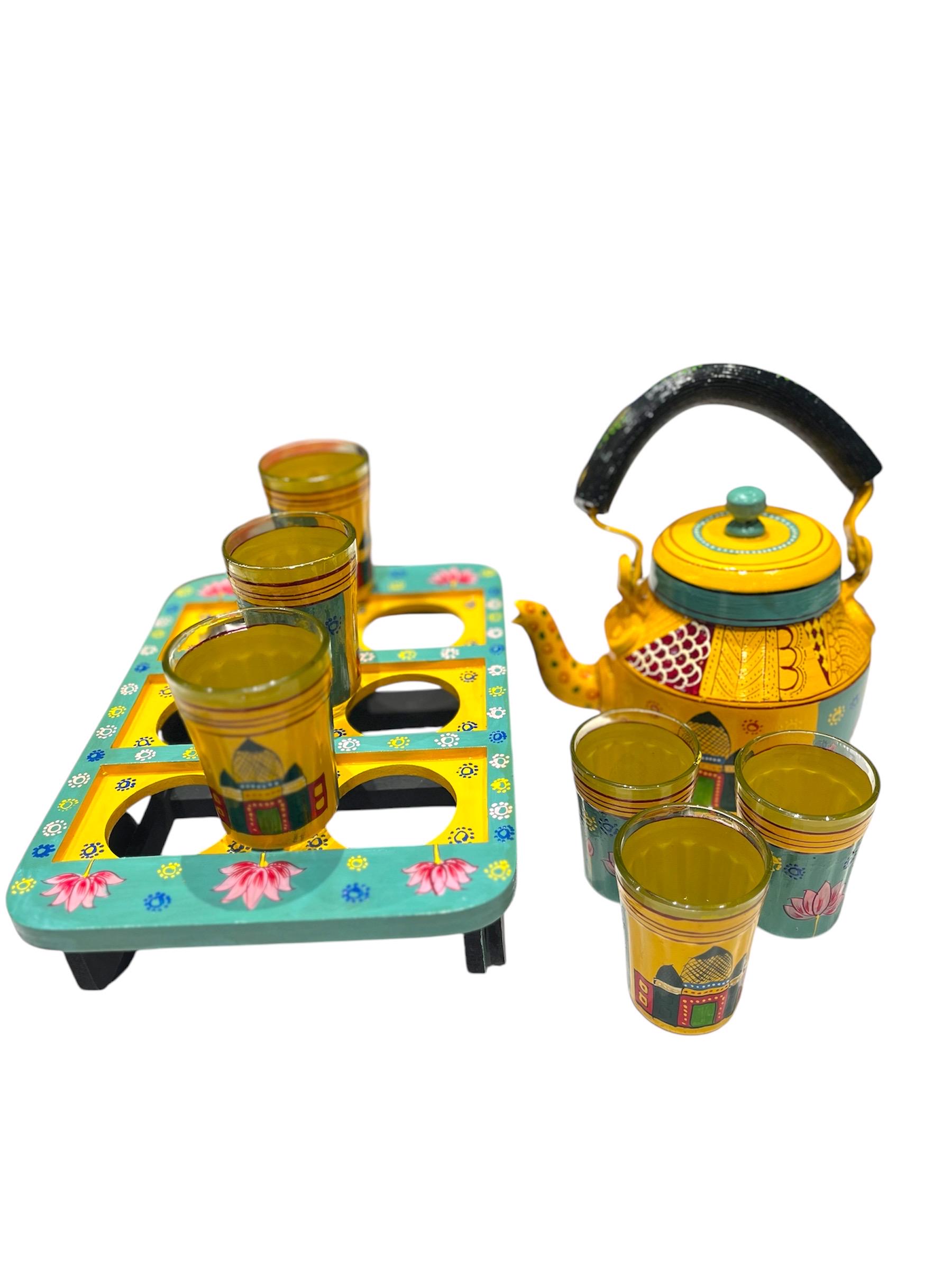 Hand Painted Indian Tea Kettle With 6 Glasses and a Kart. - Etsy