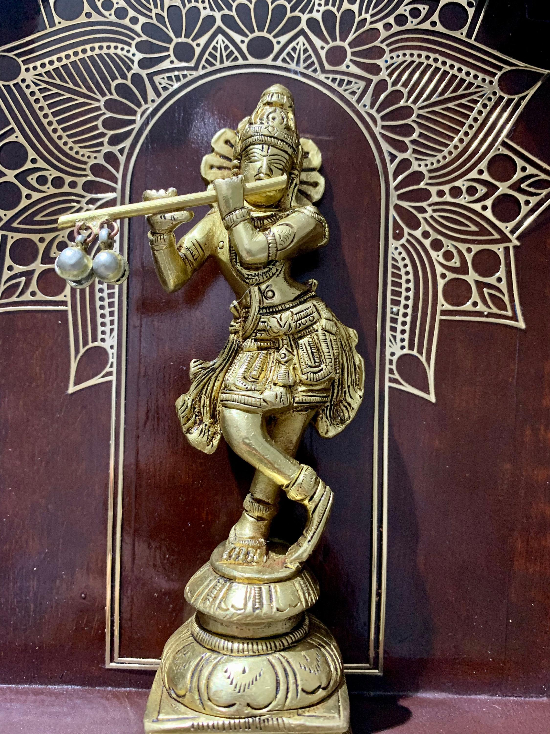 Handcrafted Brass Krishna Playing Flute on Walnut Finish Solid Wood - Etsy