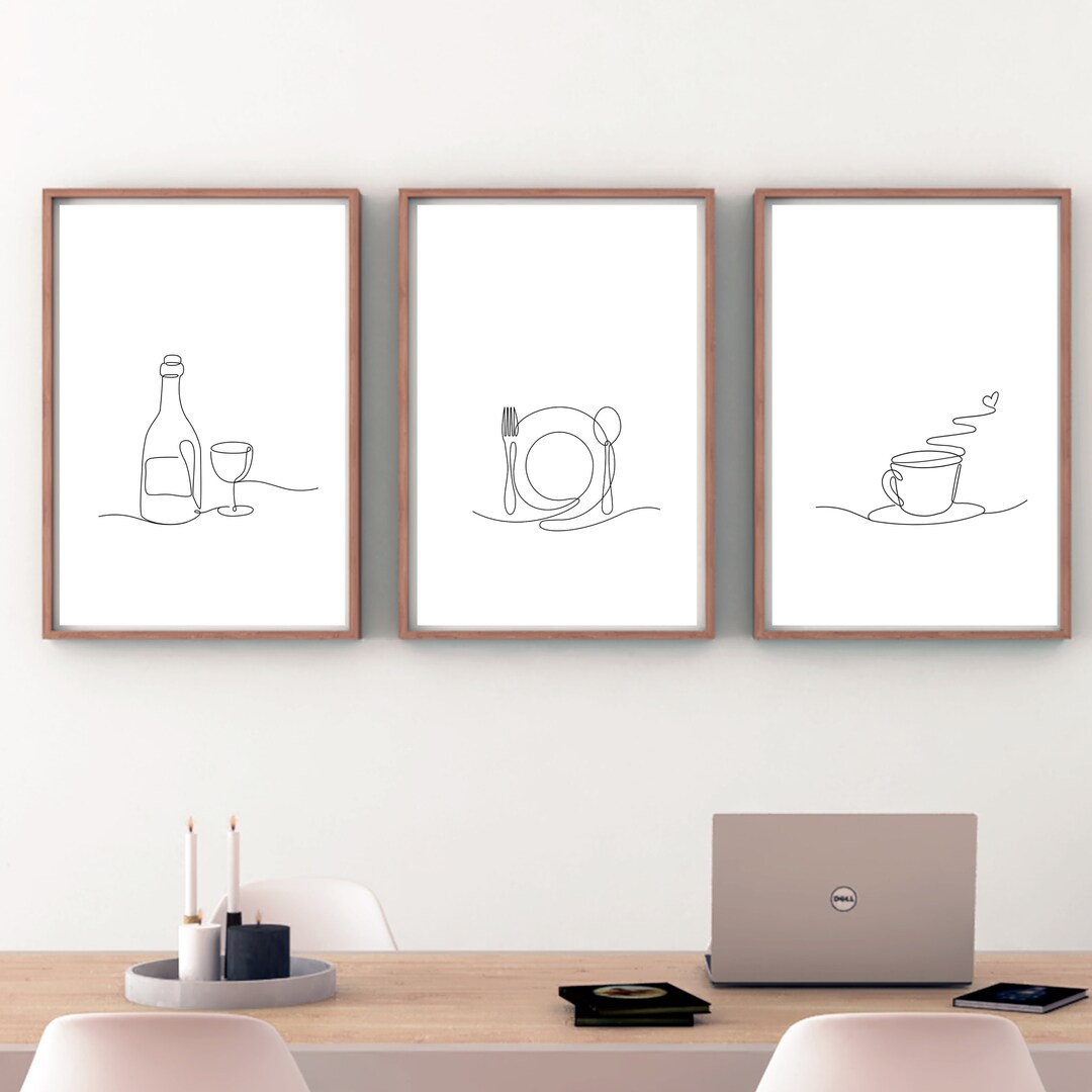 Kitchen Wall Art Set of 3, Line Drawing Kitchen Prints, Housewarming ...