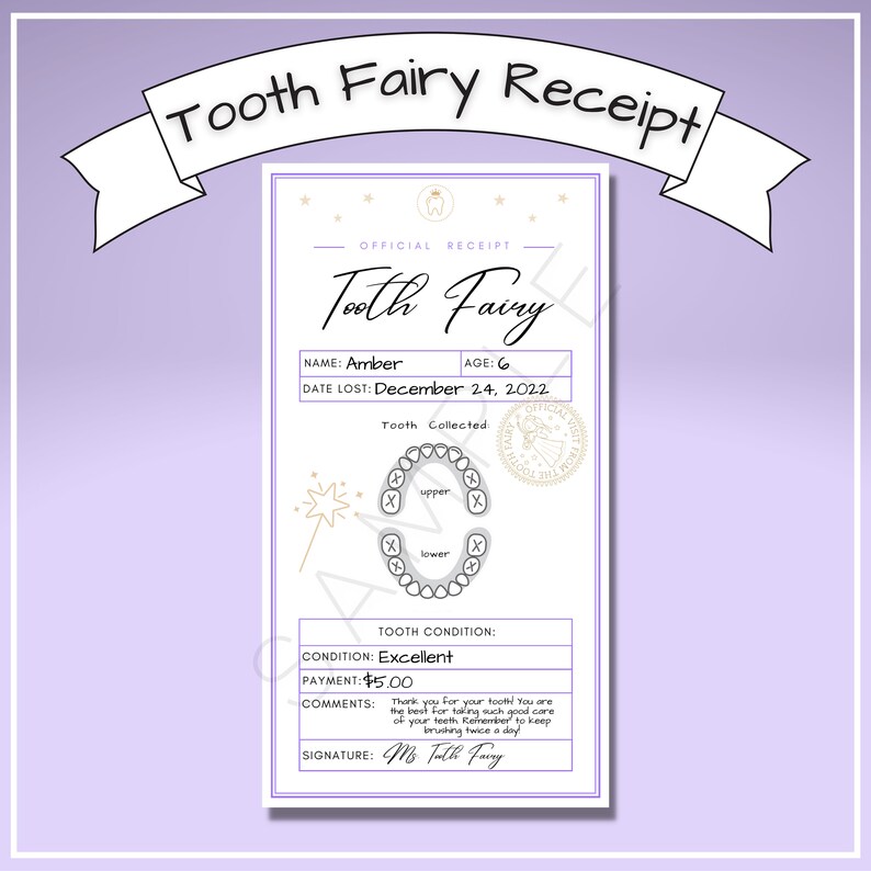 Editable Purple Tooth Fairy Receipt Printable Certificate - Etsy Canada