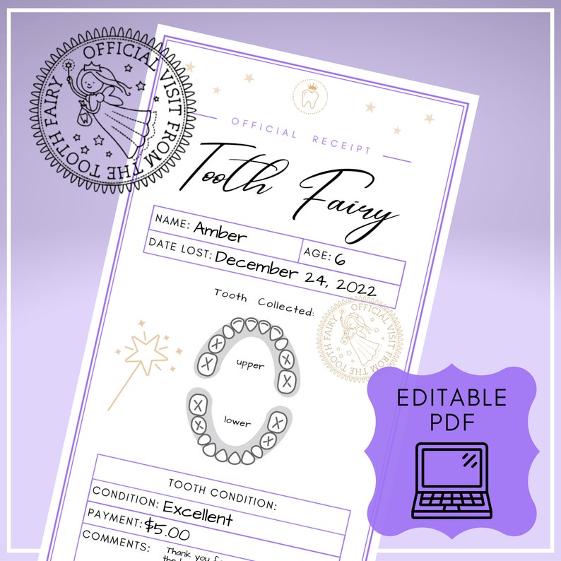Editable Purple Tooth Fairy Receipt Printable Certificate - Etsy Canada