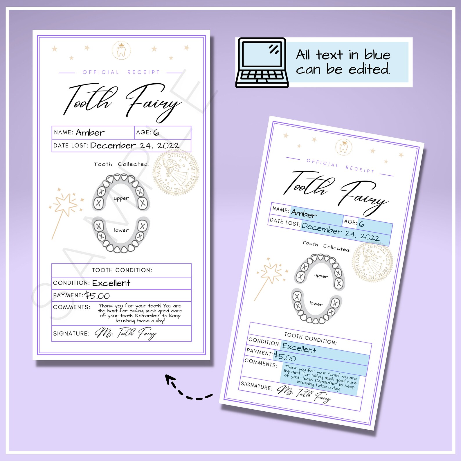 Editable Purple Tooth Fairy Receipt Printable Certificate - Etsy Canada