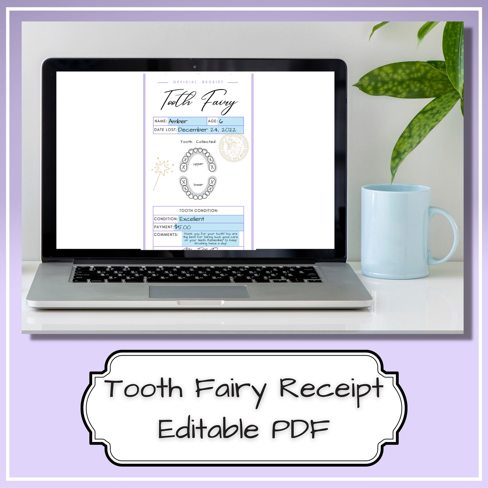 Editable Purple Tooth Fairy Receipt Printable Certificate - Etsy Canada