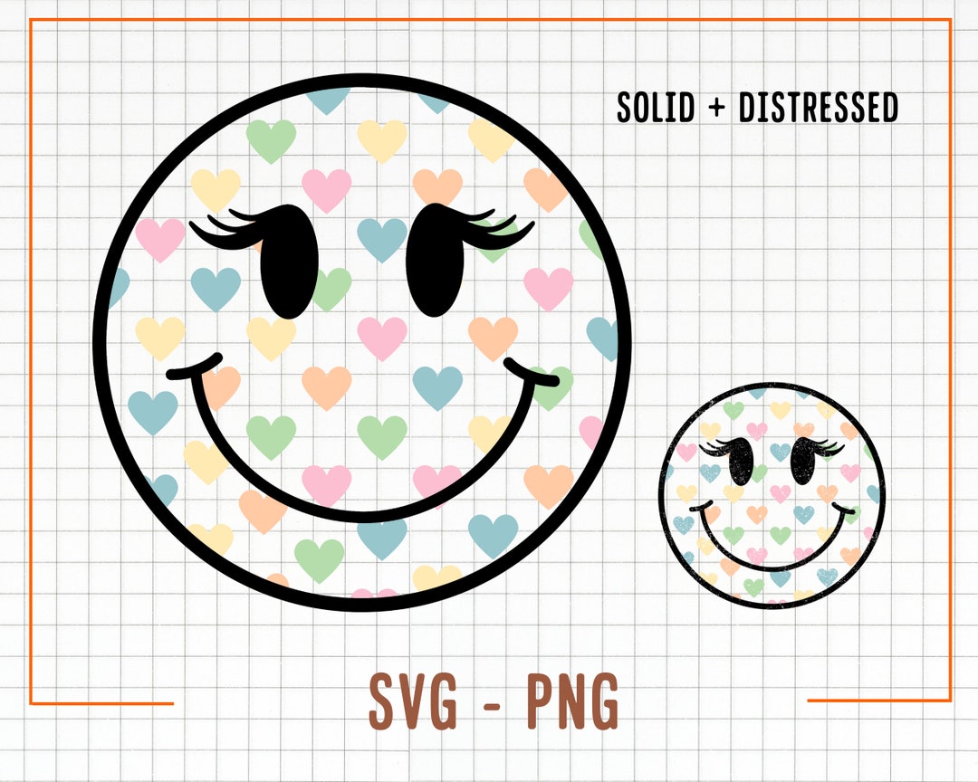 Distressed Retro Smile Face SVG and PNG, Smile With Retro Hearts Svg ...