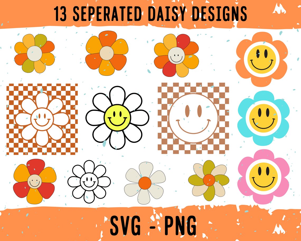 Retro Daisy Smile Face Svg Bundle, Digital Download Flower, Daisy SVG ...