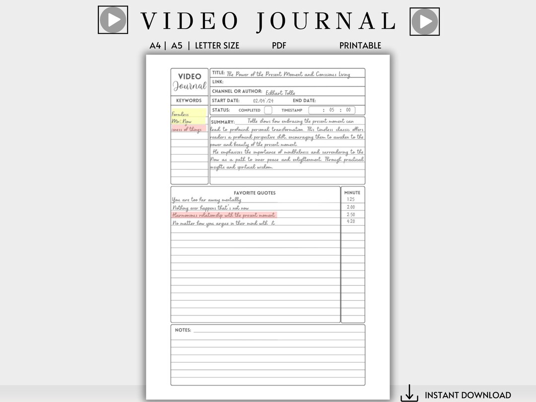 Printable Favorite Video Log, Multimedia Content Log, Inspirational ...