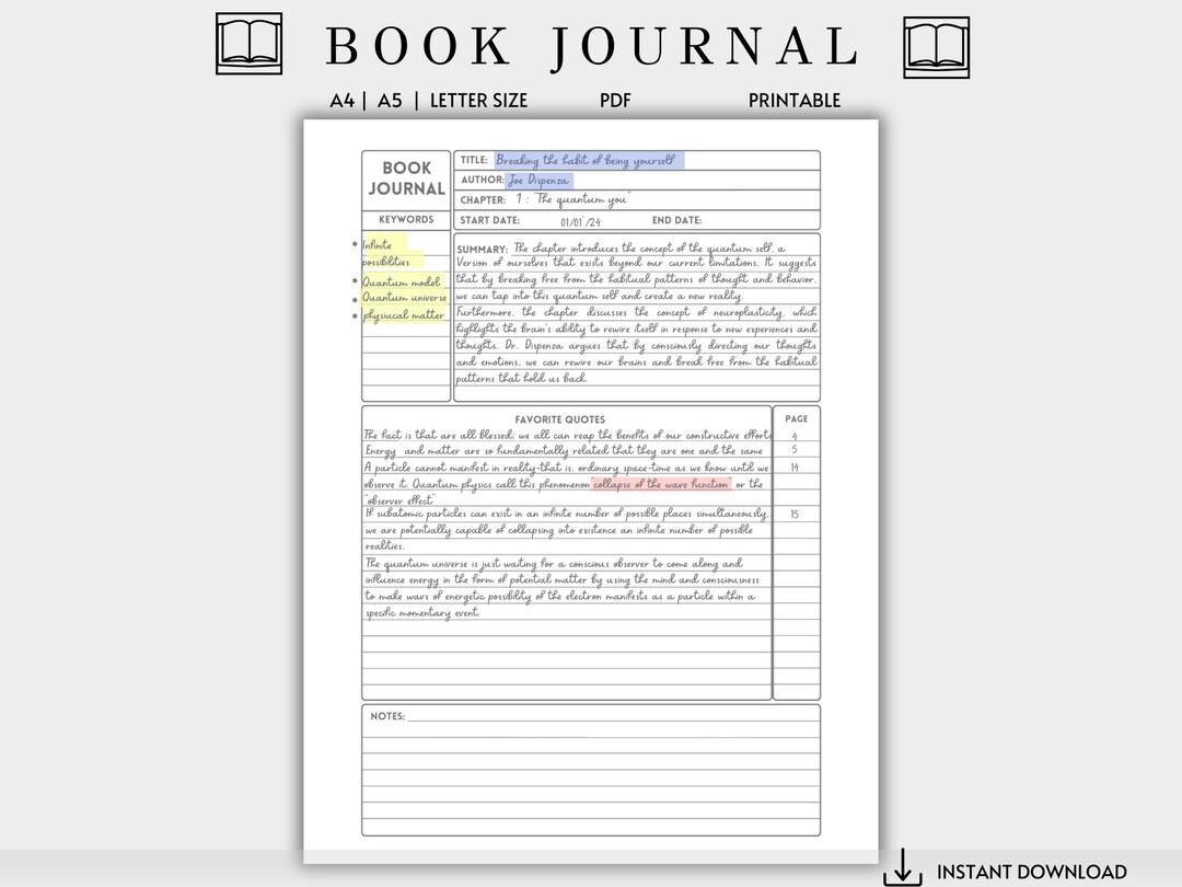 Printable Literary Journal, Reading Log, Reading Notebook, Literary ...