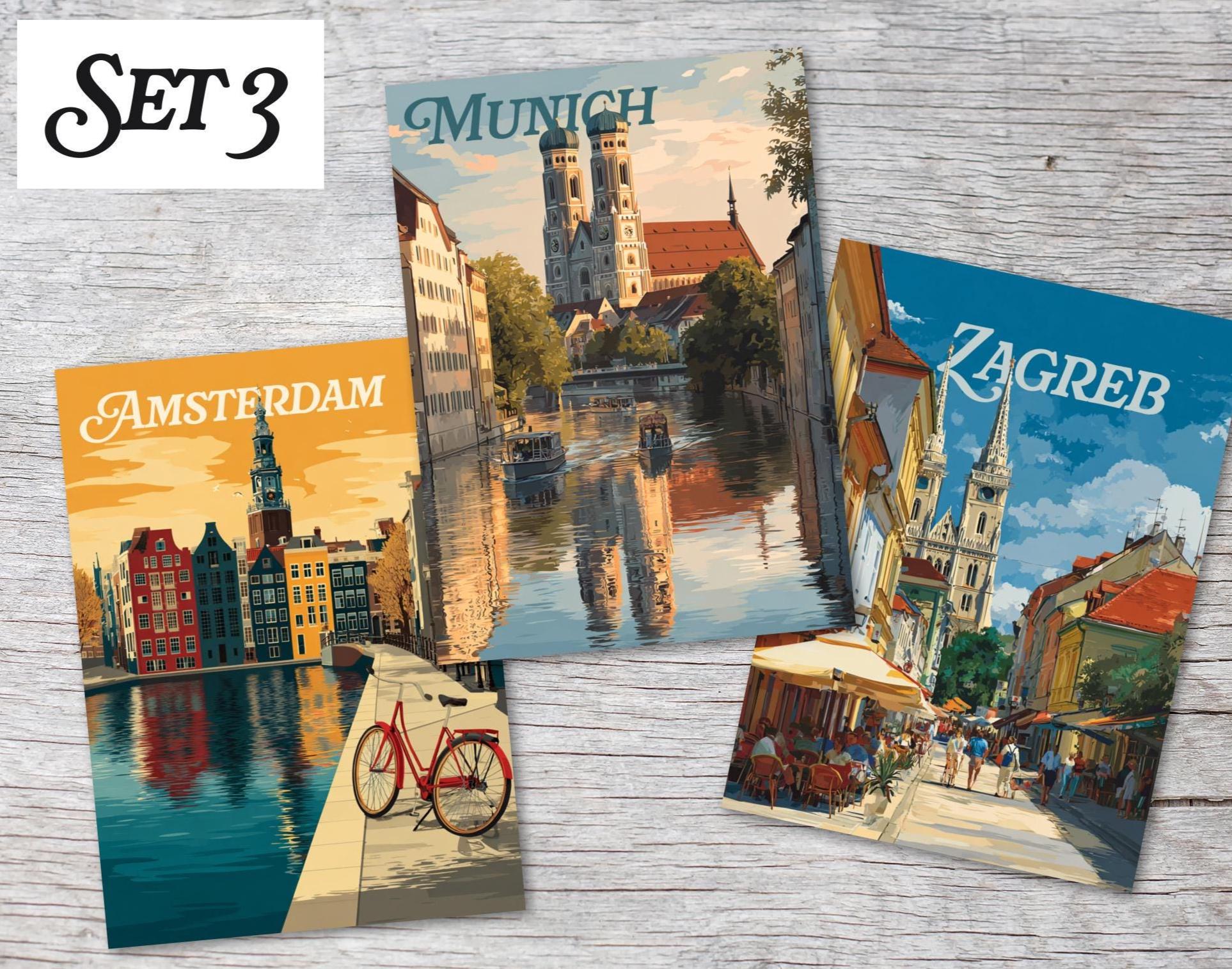 Vintage Postcard Set Europe – 15 City Illustrations in Retro Style, A6 ...