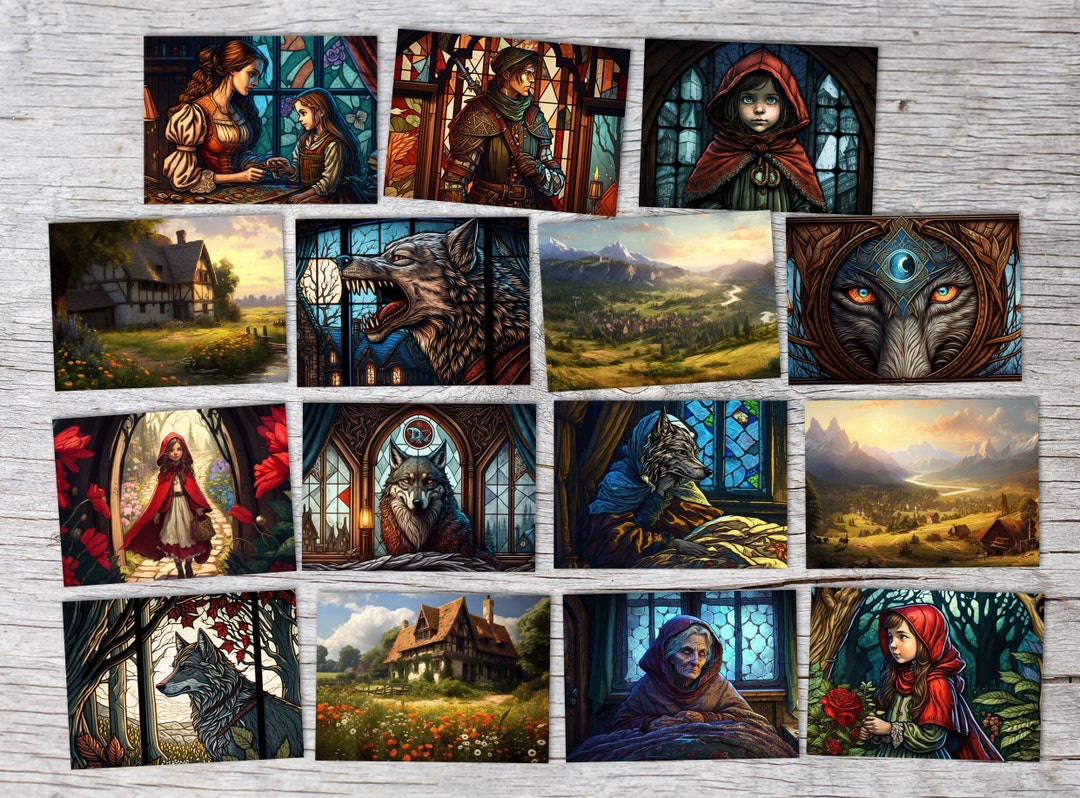 Little Red Riding Hood (15 Cards) Illustrated Fairy Tale Stained Glass ...