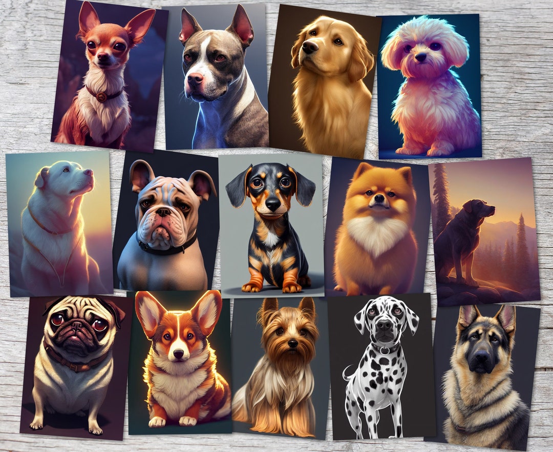 Postcards A6 Set (14 Cards) Cute Dog Breeds Portraits I Digital ...